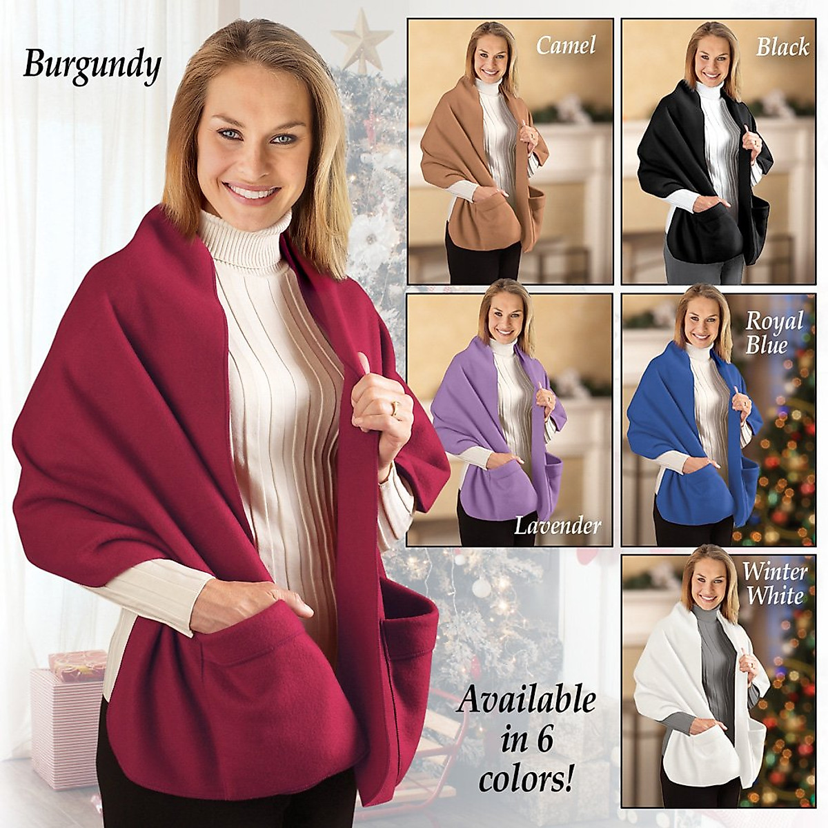 Collections Etc Cozy Fleece Wrap Shawl With Large Front Pockets - Keeps Hands and Shoulders Warm During Cold Winter Season, Royal Blue