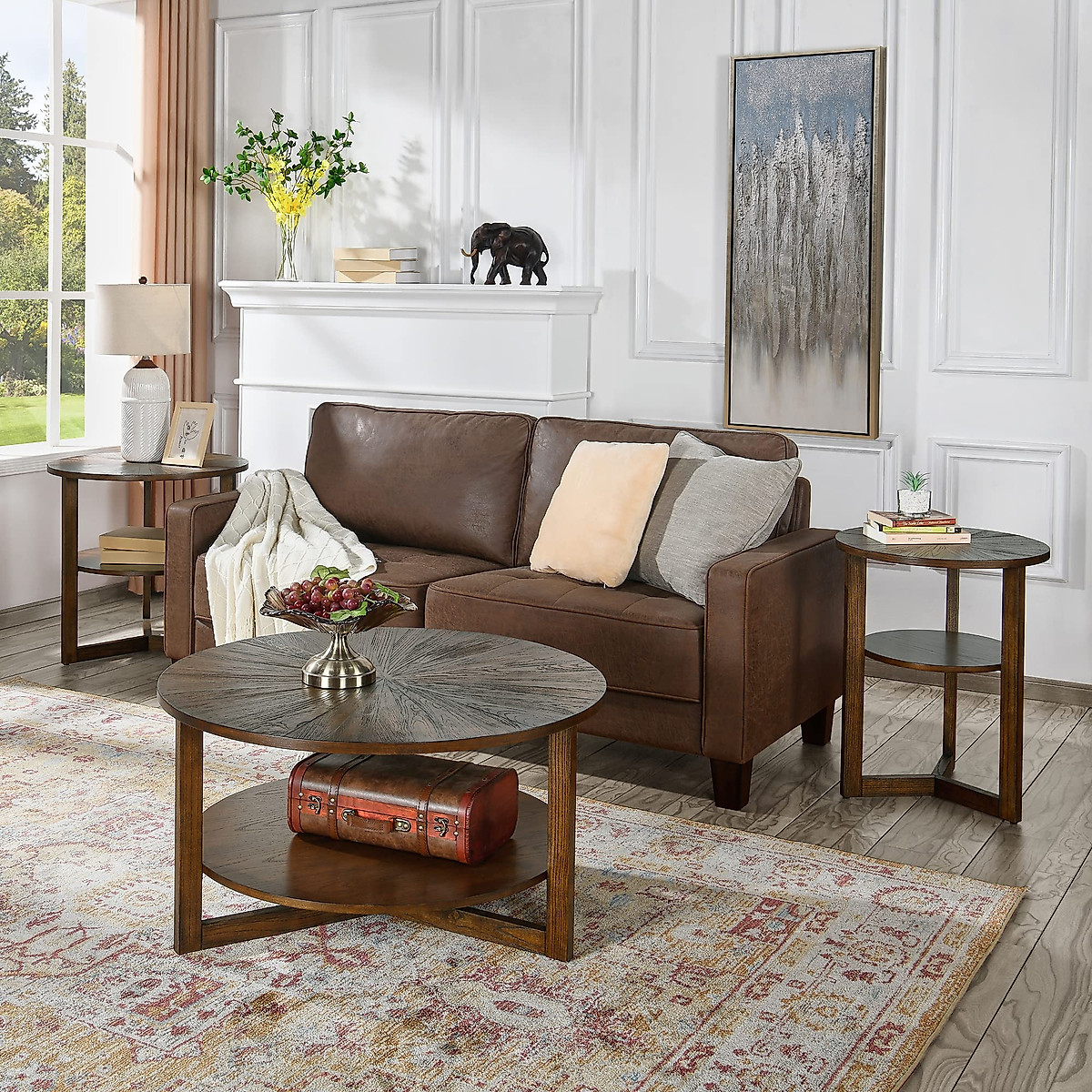 VERDANTREE 19.3 Small Round End Table with Storage Open Shelf, Narrow Side Table, Telephoto Table, Farmhouse Beside Table with Solid Wood Leg for Living Room, Easy Assembly, Vintage Brown BZ3338NC