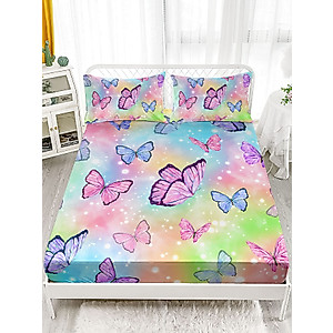 Datura home Bedding Fitted Sheet and Flat Sheet Set 4Pcs Colorful Rainbow Butterfly Printed Bedding Set with 1 Flat Sheet and 1 Fitted Sheet+2 Pillowcases for Girls,Rainbow Butterfly,Full 81x97in