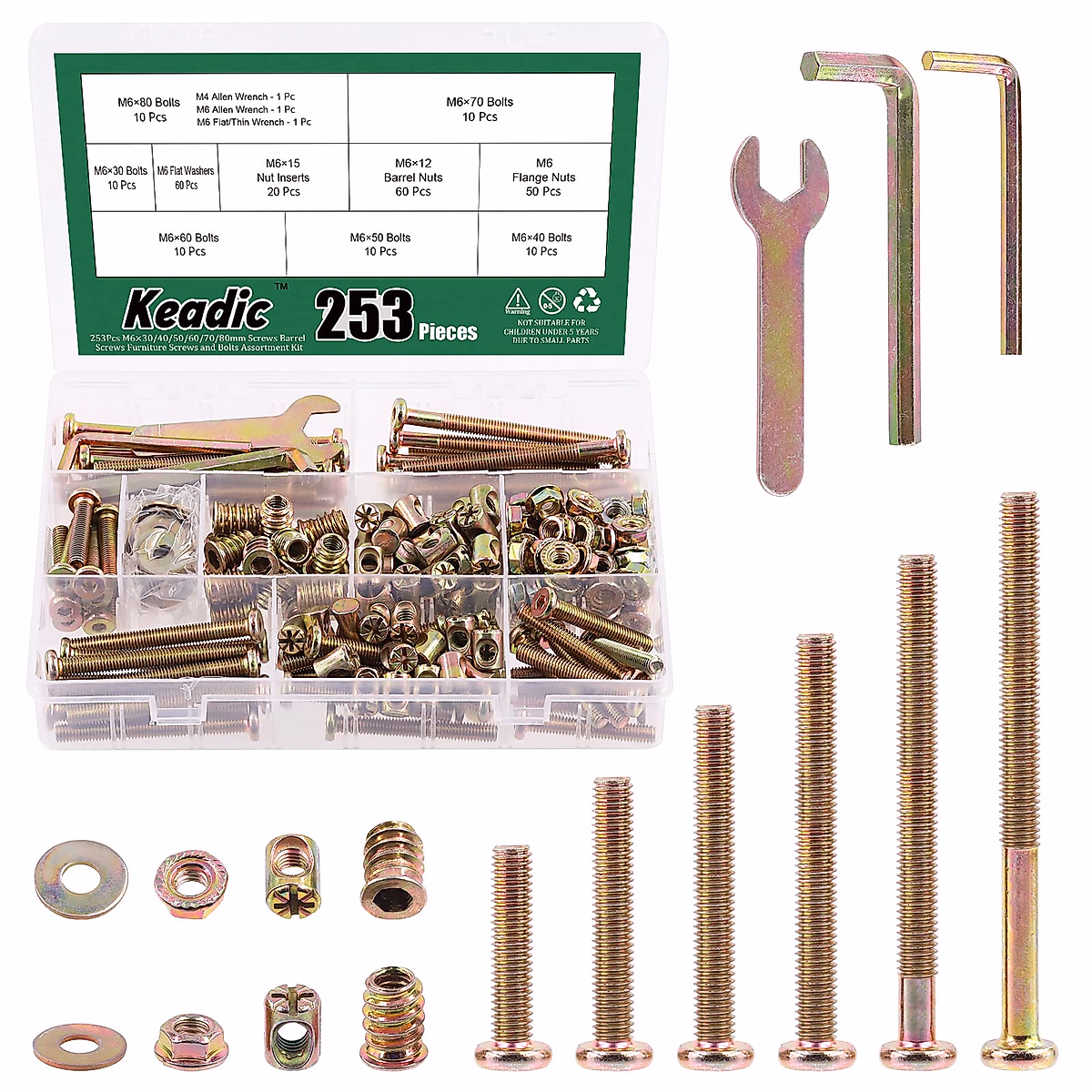 Keadic 253 Pcs M6 x30/40/50/60/70/80mm Zinc Plated Hex Socket Head Cap Bolts Barrel Nuts Flat Washers with Tools, M6 Crib Hardware Screws Assortment Kit for Chairs Bed Cot Furniture (30-80mm)