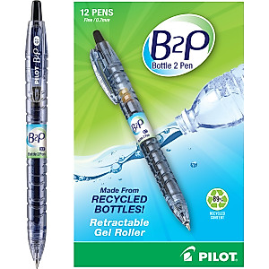 PILOT B2P - Bottle to Pen Refillable & Retractable Rolling Ball Gel Pen Made From Recycled Bottles, Fine Point, Black G2 Ink, 12-Pack (31600)