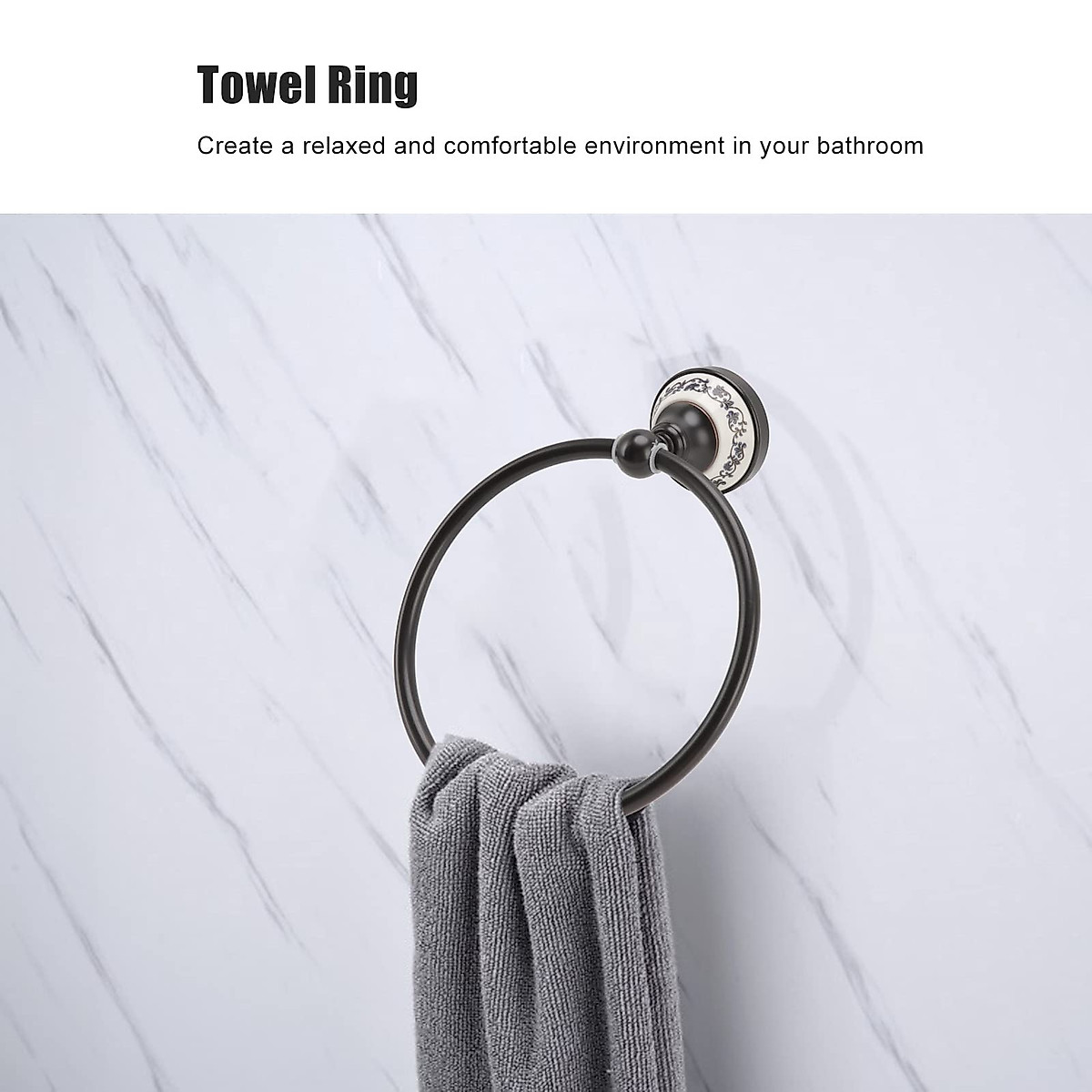 VTOSEN Towel Ring Holder in Antique Brass with Porcelain Accents,Bathroom Wall Mount for Towels and Washcloths