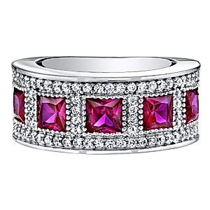 PEORA Sterling Silver Princess Cut Created Ruby Anniversary Ring Band Wide Width 2 Carats Size 6