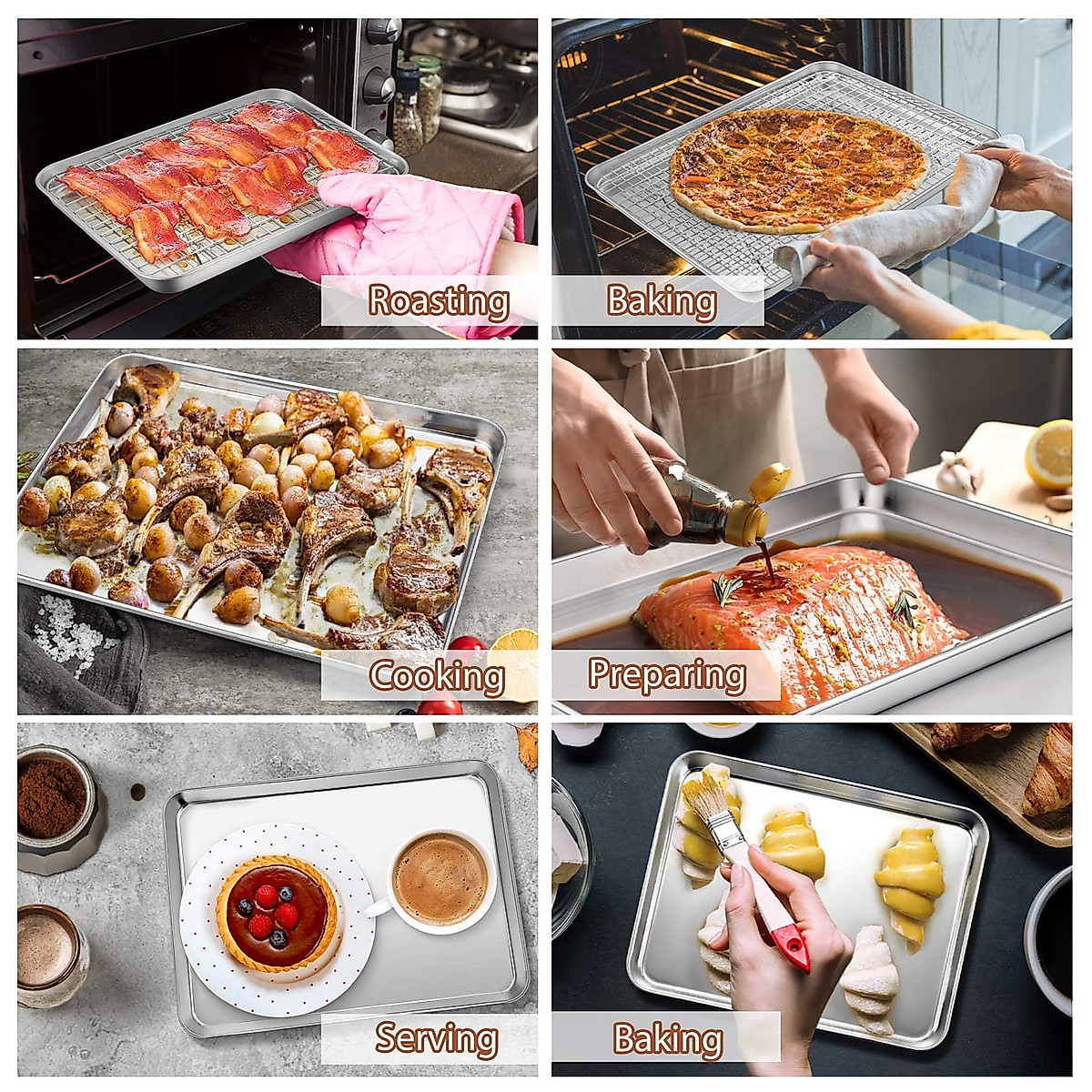 P&P CHEF Baking Sheet and Rack Set, 4 PACK (2 Sheets + 2 Racks), 2 Sizes Stainless Steel Baking Pans Cookie Sheets with Cooling Racks for Cooking & Roasting, Oven & Dishwasher Safe, Non-toxic