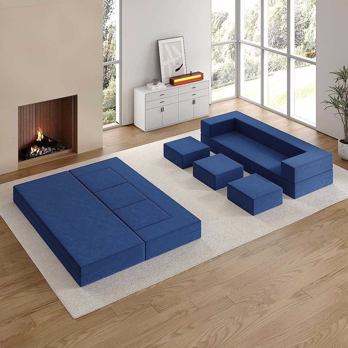 Vivaadecor Queen Folding Bed Couch, Convertible Velvet Futon Sofa Bed with Removable Velvet Cover, 3 Ottomans, Floor Foam Sofa Sleeper Mattress For Guest Room, Office, Play Room, Living Room,Deep Blue