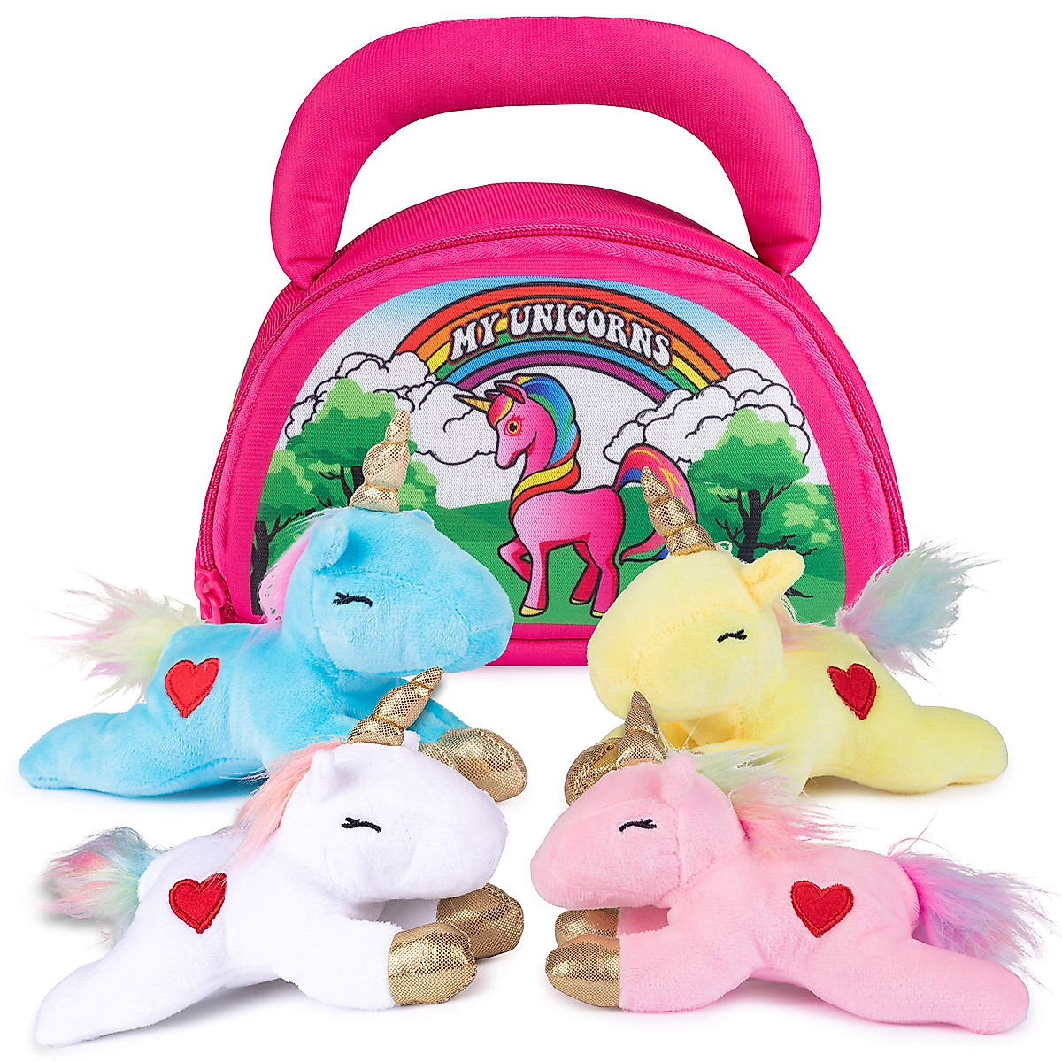 Plush Creations Talking Unicorn Plush Toy Set Includes 4 Talking Soft Stuffed Unicorns for Girls, A Pink, Blue, White, & Yellow Plush Unicorn Doll with A Pink Carrier, Great Gift for Baby and Toddler