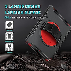GEEKSDOM iPad Pro 12.9 Case 2nd Generation 2017 & 2015 1st Generation, Heavy Duty Rugged Shockproof Protective Soft TPU Back Cover w/360 Rotating Stand/Handle Hand/Shoulder Strap/Pencil Holder Red