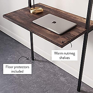 Nathan James Theo 2-Shelf Industrial Wall Mount Ladder Table, Nutmeg/Matte Black & Theo 4-Shelf Bookcase, Floating Wall Mount Shelves with Natural Wood and Industrial Pipe Metal Frame, Nutmeg/Black