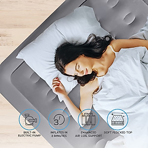 Get Fit Air Bed with Built in Electric Pump - Premium Queen Size - Blow Up Bed with 2 x Free Pillows - Elevated Inflatable Air Mattress for Outdoor, Camping, Tents - Black/Grey