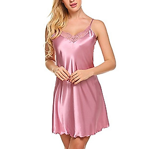 Ekouaer Women's Satin Lace Trim Slip Chemise Nightgown, Pink, Medium