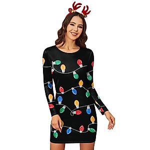 For G and PL Christmas Womens Long Sleeve Black Bodycon Costume Printed Dress Crewneck Pullover Outfits Light M