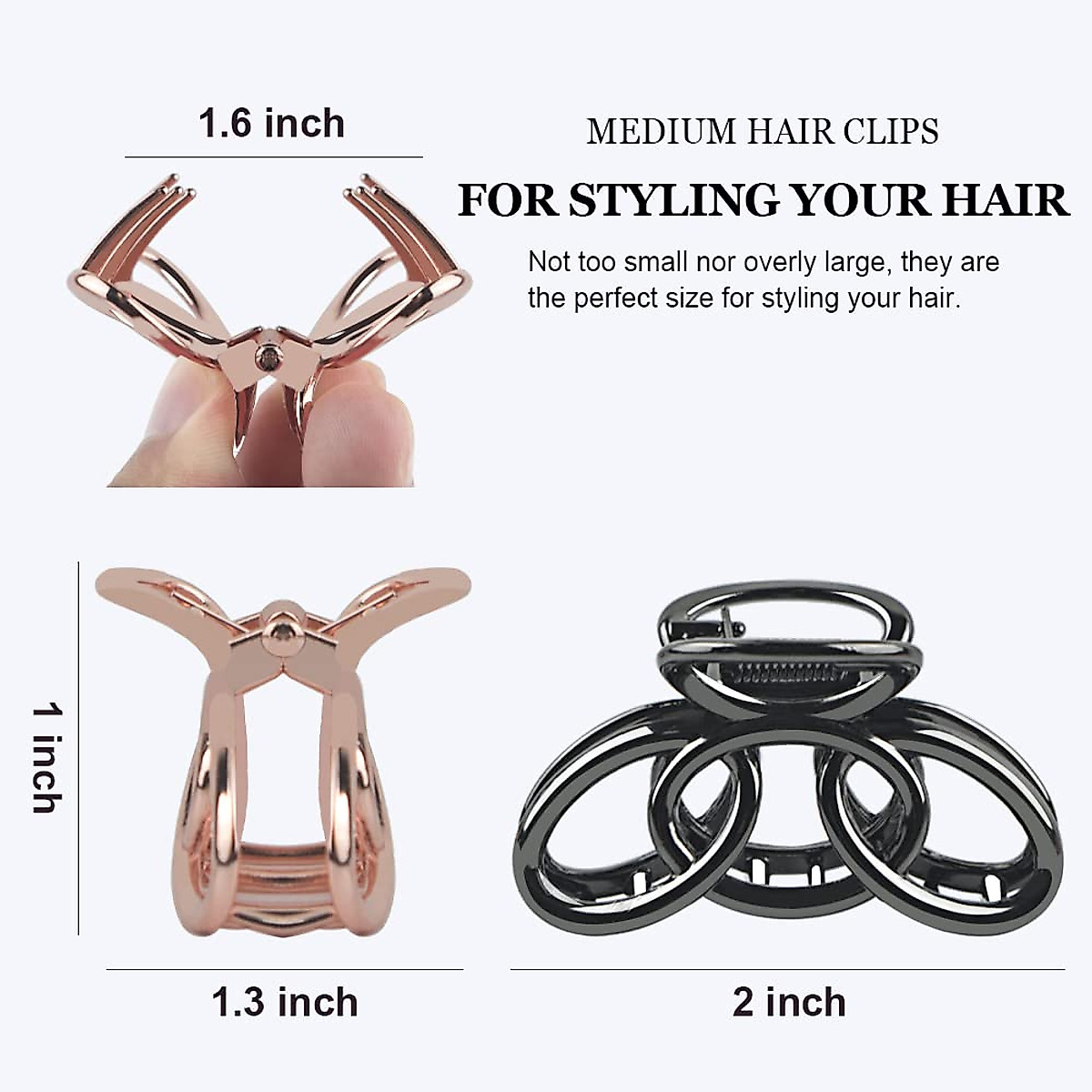 Hair Clips for Women and Girls - 2 Inch Medium Metal Claw Clips for Thin to Thick Hair, Non-Slip Strong Clamps (Black, Silver, Gold, Rose Gold)
