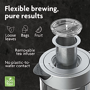Hot Tea Maker Electric Glass Kettle with tea infuser and temperature control. Automatic Shut off. Brewing Programs for your favorite teas and Coffee.