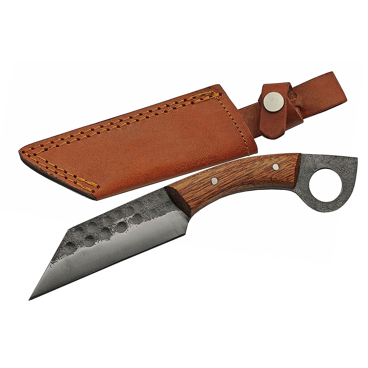 9.5" Ring Seax Hunting Edc Camping Outdoor Knife Full Tang Carbon Steel Blade Wooden Handle Finger Ring Pommel Steel Pins Brown Leather Sheath With a Belt Loop