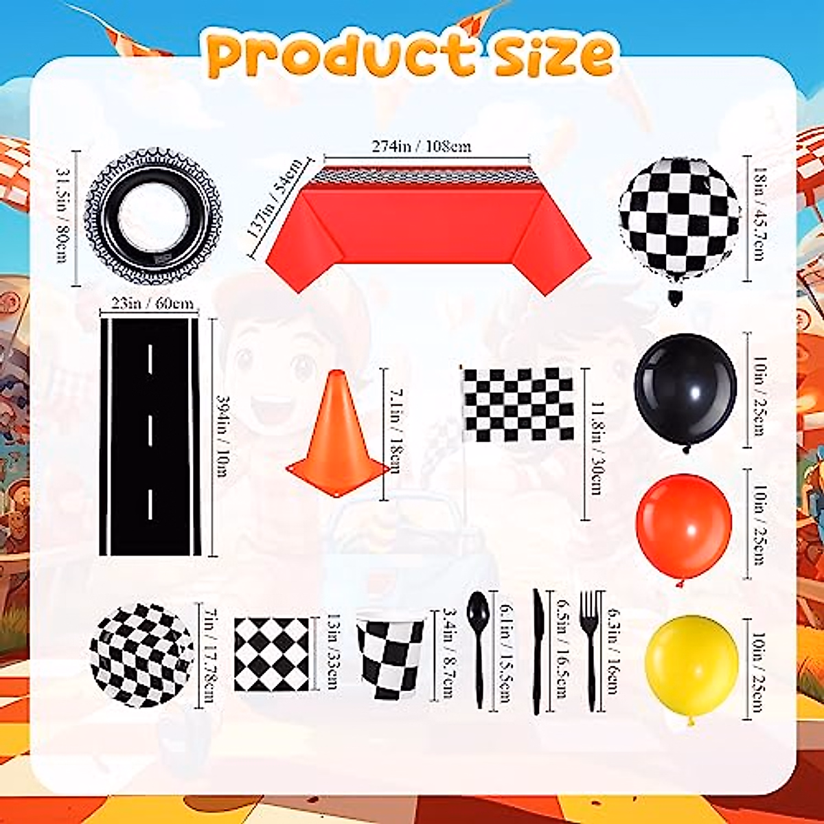 Irenare 205 Pcs Car Birthday Party Supplies Racing Party Decorations, Include 2 Tablecloth 3 Racetrack Runner 16 Traffic Cones 8 Checkered Flags 2 Wheels 52 Balloons Garland Arch 120 Racing Tableware
