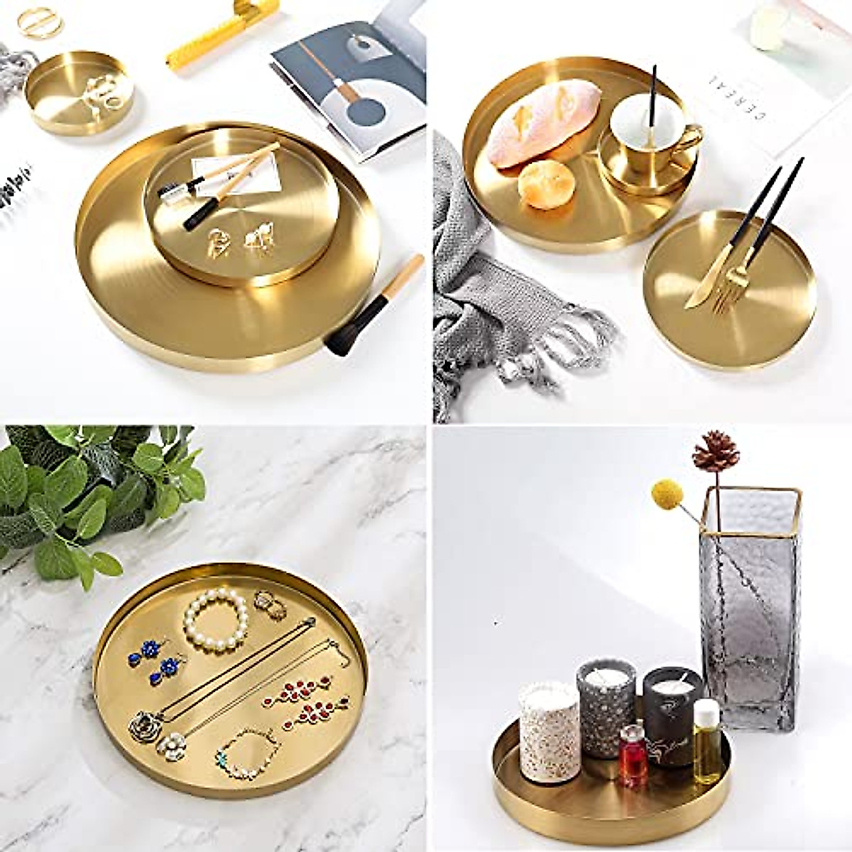 Gold Round Trays, Stainless Steel Metal Serving Tray, Home Decorative Bathroom Vanity Counter Top Organization Storage Tray for Jewelry/ Cosmetic/ Kitchen Tableware
