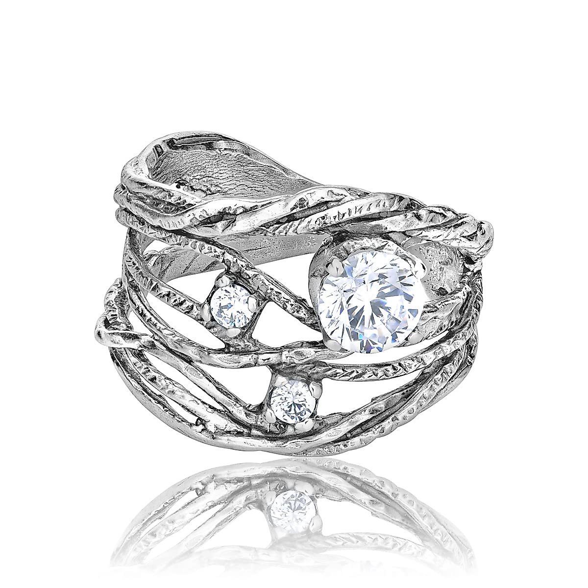 JEAN RACHEL JEWELRY 925 Sterling Silver Ring With White Round Clear Cubic Zirconia Prong Hypoallergenic Nickel and Lead-free Artisan Handcrafted Designer Collection, Made in Israel