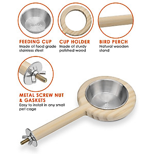 KATUMO Bird Perch Bird Feeding Cup Parrot Wood Perch Stand Toy Bird Cage Accessory for Parakeet Lovebird Conure Budgie Canary Finch Small Parrots