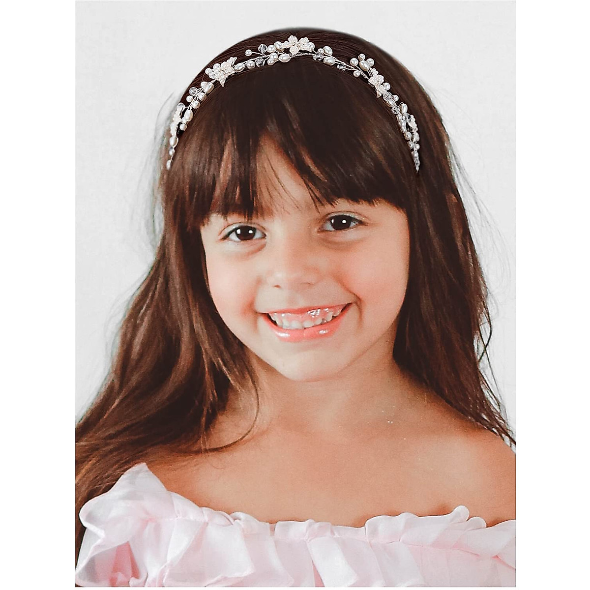 SWEETV Hairband, Flower Girl Headpiece with Flowers and Pearls, Wedding Headband for Girls, First Communion Headpiece for Girls, Princess Pearl Hair Accessories for Birthday Party
