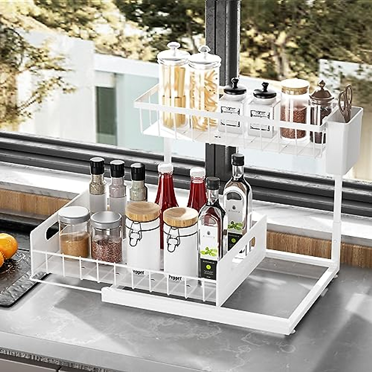 SPACEKEEPER Under Sink Organizer, 2-Tier Sliding Under Bathroom Sink Storage Pull Out Cabinet Organizer Metal Material Multi-purpose for Kitchen Bathroom, White, 2 Pack