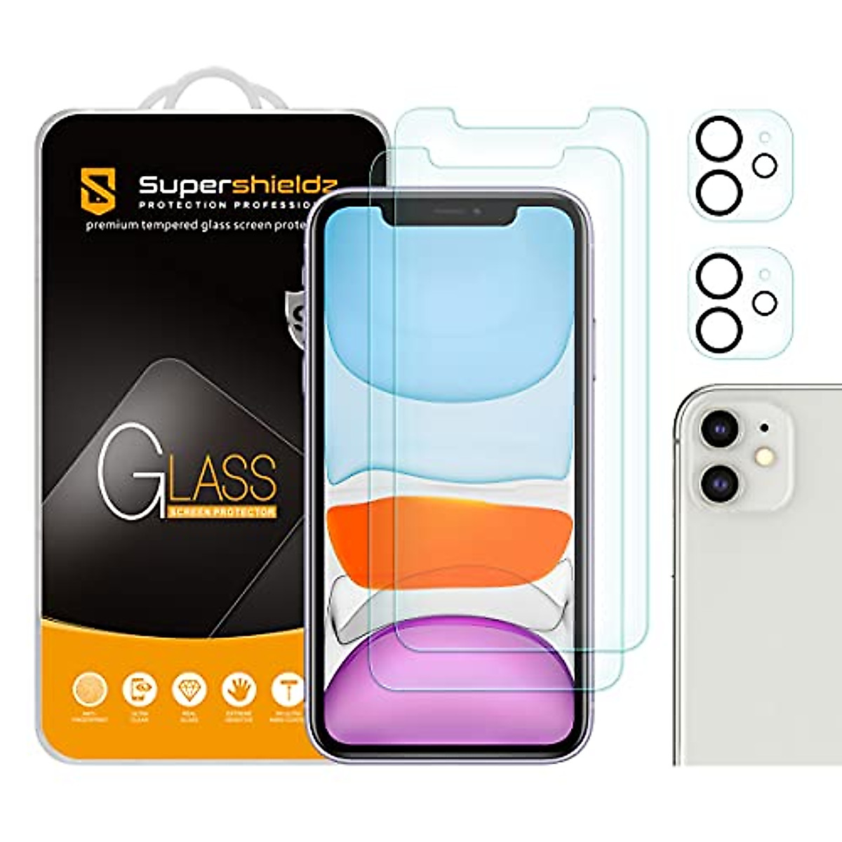 (2 Pack) Supershieldz Designed for iPhone 11 (6.1 inch) + Camera Lens Tempered Glass Screen Protector, Anti Scratch, Bubble Free