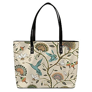 Ethnic Flower Shoulder Tote Bag for Women Girls, Leather Handle Bag Durable Hummingbird Latop Tote Bag With Zipper Pocketfor School Work Travel