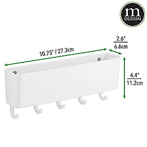 mDesign Adhesive Modern Plastic Mail Organizer Storage Basket - 5 Hooks - for Entryway, Mudroom, Hallway, Kitchen, Office - Holds Letters, Magazines, Coats, Keys - White