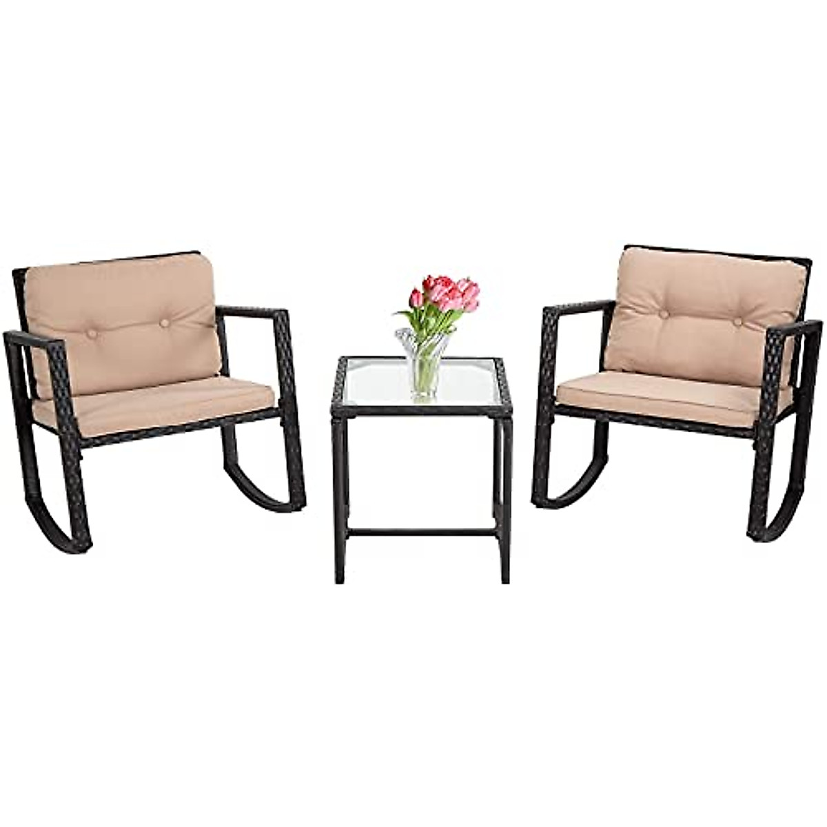 FDW Rocking Wicker Patio Furniture Modern Conversation Sets with Coffee Table for Yard and Bistro, Black