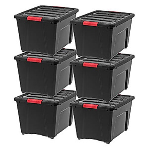 IRIS USA 53 Qt. Plastic Storage Container Bin with Secure Lid and Latching Buckles, 6 pack - Black, Durable Stackable Nestable Organizing Tote Tub Box Sports General Organization Garage Large