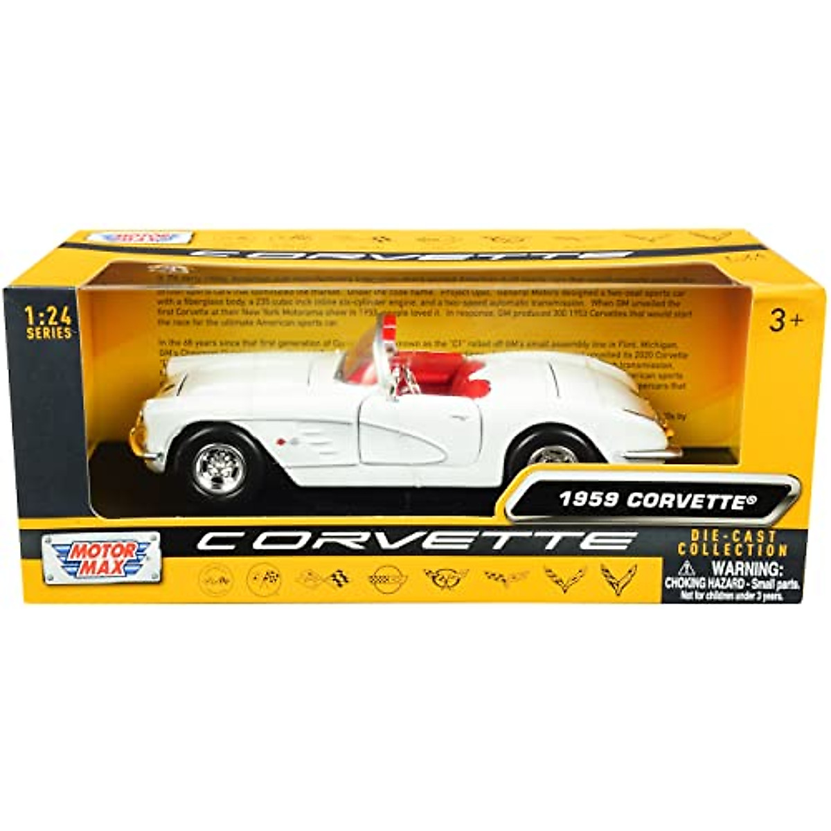 Motormax Toy 1959 Chevy Corvette C1 Convertible White with Red Interior History of Corvette Series 1/24 Diecast Model Car by Motormax 73216