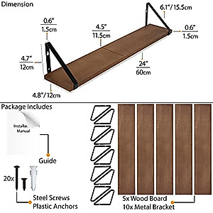 Wallniture Ponza Floating Shelves for Wall, 24" Floating Bookshelf, Wood Wall Shelves for Bedroom Decor, Walnut Set of 5