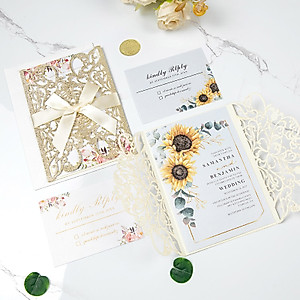 Maffily 50pcs Gold Glitter Laser Cut Invitation Pocket Blank Wedding Invitations with Envelopes And Rsvp Cards Ribbons for Wedding Quinceanera Bridal Shower Engagement Party Invite