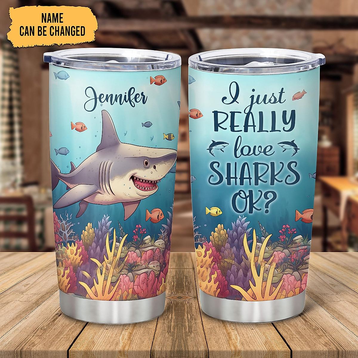 Hyturtle Personalized Gifts Shark Lover - I Just Really Love Sharks Customized Name Stainless Steel Tumbler 20 oz With Lid - Idea Cute Sea Animal Lover Gifts For Women, Girl On Birthday, Christmas