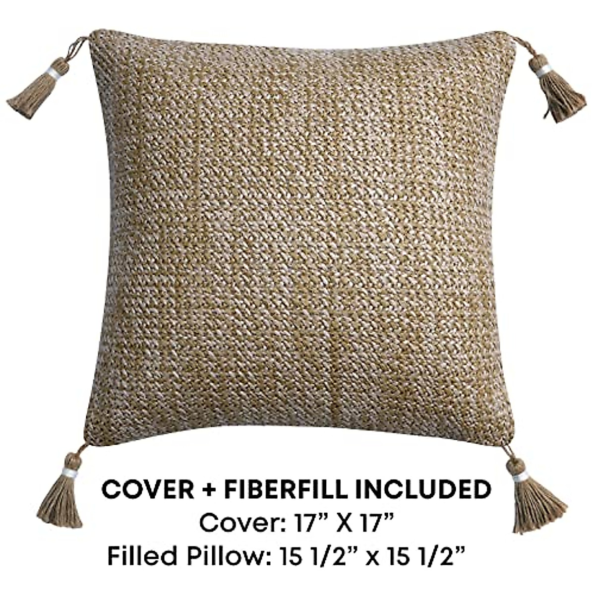 Honeycomb Indoor/Outdoor Raffia Natural Square Toss Pillow with Tassels, Woven Faux Jute Fabric, Recycled Polyester Fill, Weather Resistant, 2 Pack of Decorative Toss Pillows: 17” x 17”
