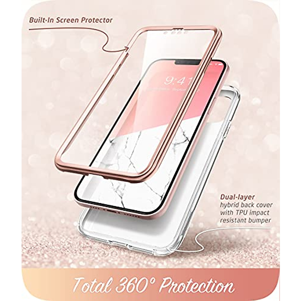 i-Blason Cosmo Series Case for iPhone 13 6.1 inch (2021 Release), Slim Full-Body Stylish Protective Case with Built-in Screen Protector(Marble)