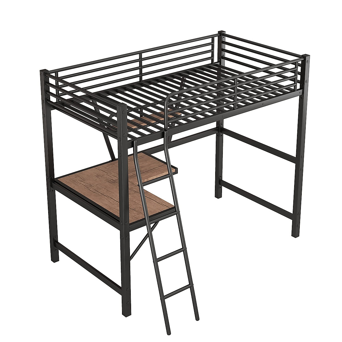 P PURLOVE Metal Loft Bed with Desk Twin Size High Loft Bed with L-Shaped Desk and Shelf and Ladder,No Box Spring Need