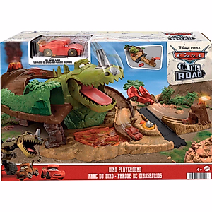 Mattel Disney and Pixar Cars On The Road Toys, Dinosaur Playground Playset with Lightning McQueen Toy Car, Dinosaur & Launcher