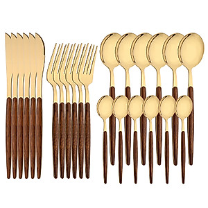Uniturcky 24-Piece Silverware Set for 6, Silver Mirror Polished Stainless Steel Flatware Set, Wooden Effect Handle Utensil Set for Home Hotel Restaurant, Family Cutlery Set Include Knife Fork Spoon