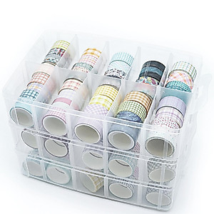 Homsewit Adjustable Washi Tape Box, Stackable Craft Storage, with 30 Compartments, Arts and Craft, Ribbons Finger Safty Dispenser (Transparent)