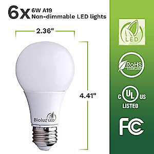 Bioluz LED 40 Watt LED Light Bulbs 2700K Warm White 6 Watts = 40W Non-Dimmable A19 LED Light Bulbs 6 Pack