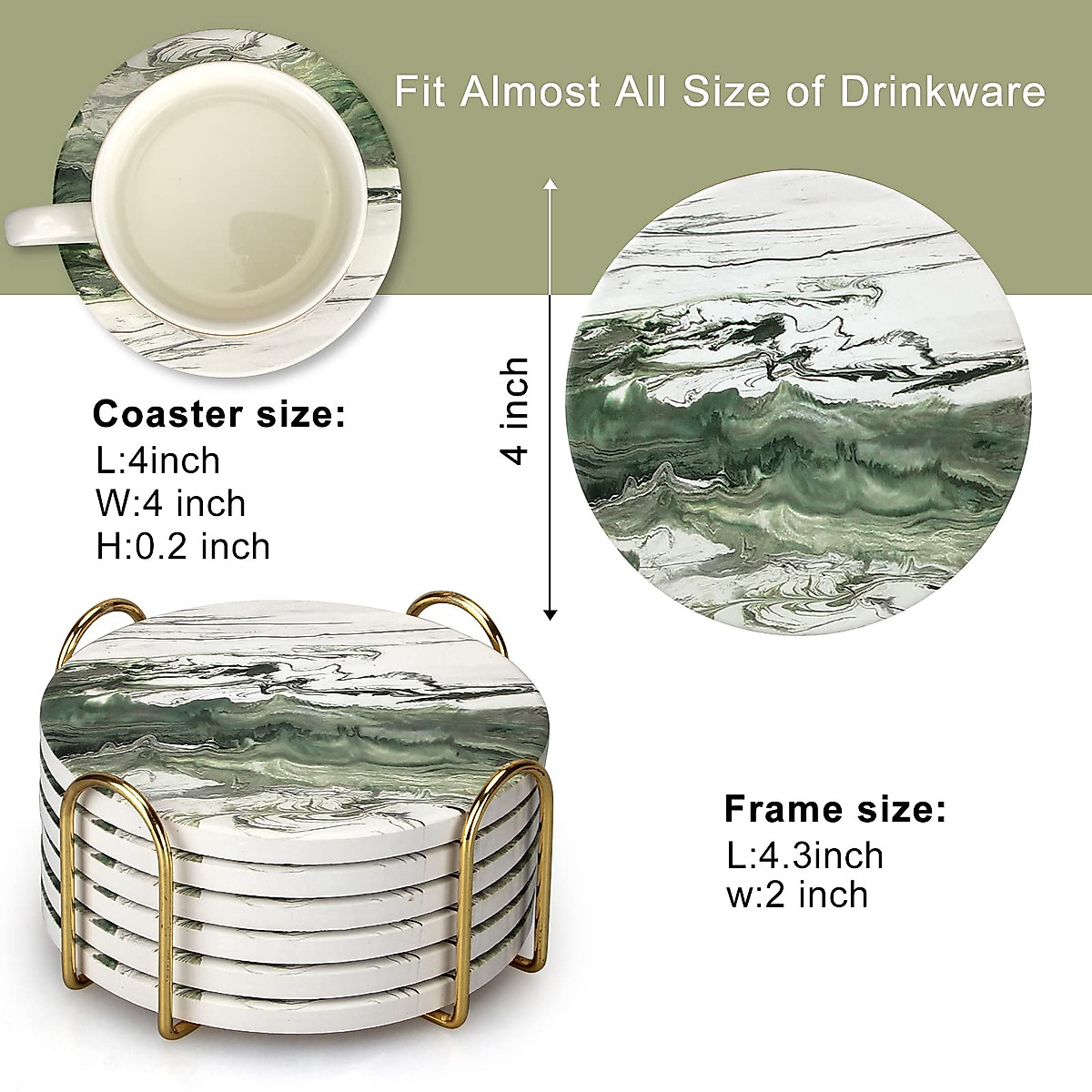 6 Pcs Green Ceramic Coasters with Holder Round Cool Drink Absorbent Coasters Set Best Modern Coffee Table Coasters Art Decorative Coasters Bar Farmhouse Outdoor Coasters Cup Coaster Gift