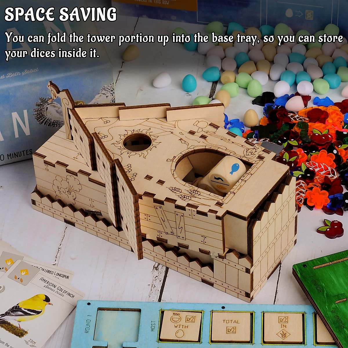 CZYY Bird Feeder Dice Tower with Tray Wood Laser Cut Perfect for Wingspan and Other Tabletop Games