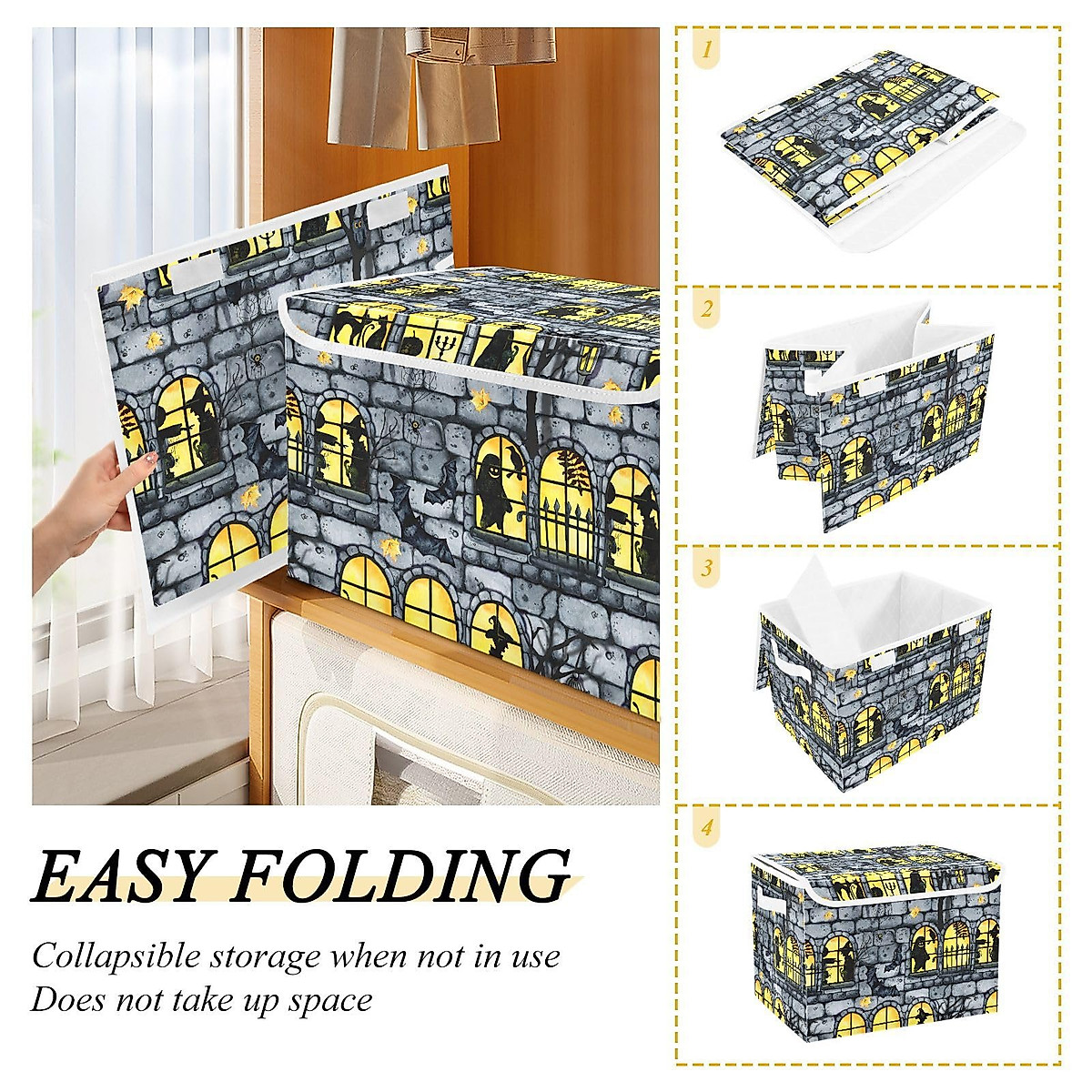 Ollabaky Gothic Castle Halloween Foldable Storage Bin with Lid Storage Box Large Cube Organizer Containers Baskets with Handles for Closet Organization, Shelves, Toys, Clothes