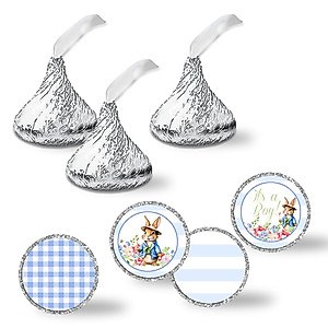 Little Rabbit Boy Baby Shower Kiss Sticker Labels, 300 Party Circle Stickers Sized 0.75 inches for Chocolate Drop Kisses by Amanda Creation, Great Labels, Treats, Envelope Seals & Goodie Bags