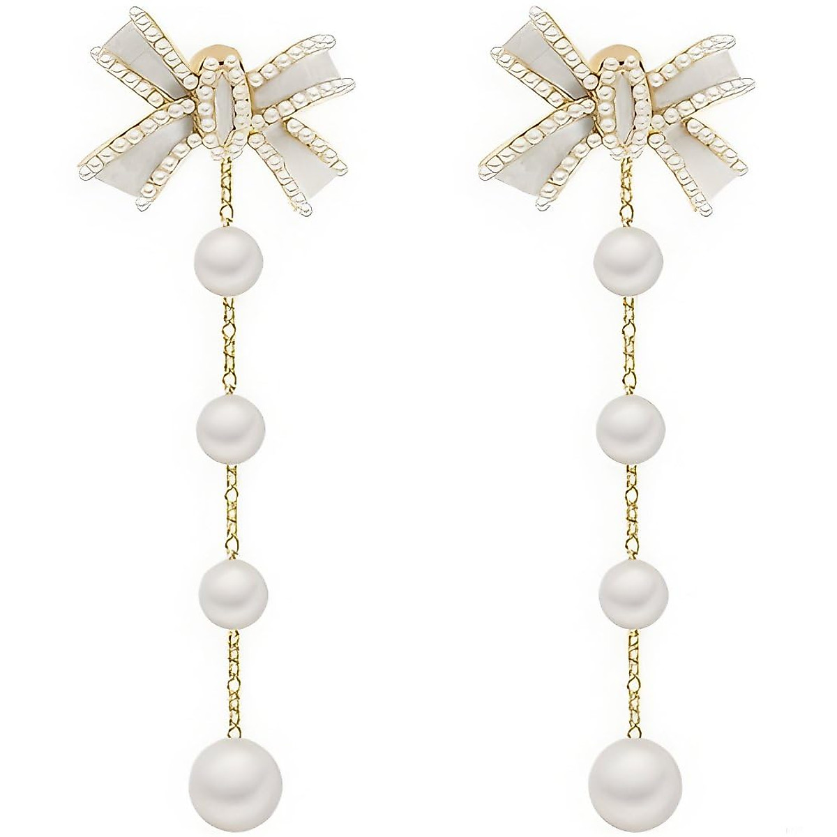 Long Bow Pearl Drop Earrings for Women, Gold Plated Pearl Dangle Earrings, Hypoallergenic Elegant Gold Pearl Tassel Earring, Bow Pearl Stud Earrings, Birthday Gift