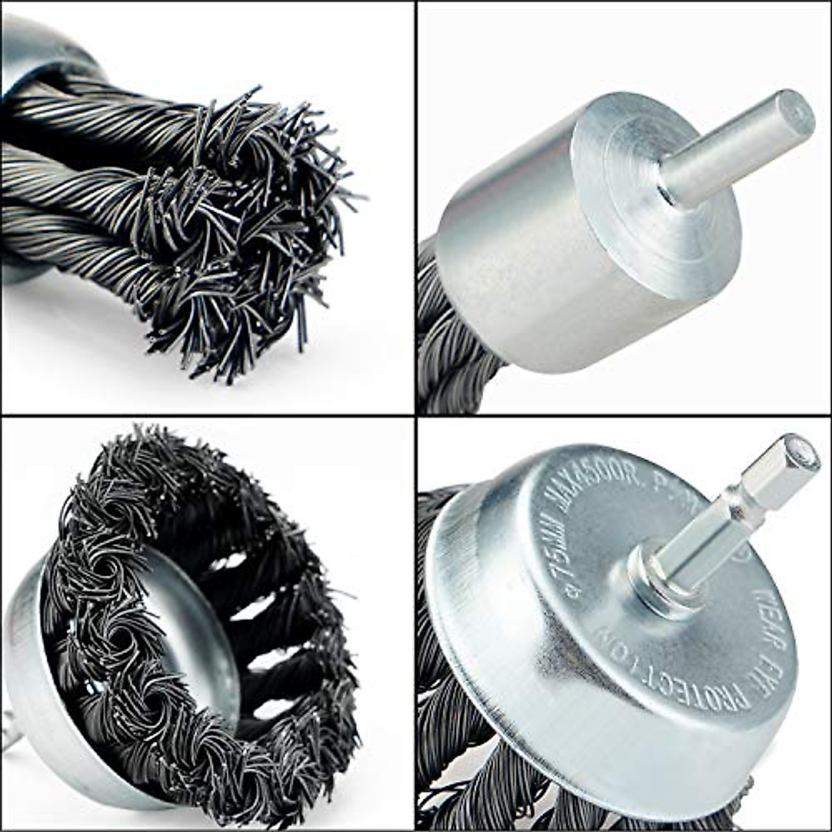 TILAX 3 Inch Wire Cup Brush End Brush Set 3 Piece, Wire Brush for Drill 1/4 Inch Hex Shank Arbor 0.012" Brass Coated Crimped and 0.019" Carbon Steel Knotted Wire Brush, for Drill Attachment