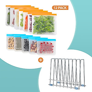 12Pack Reusable Storage Bags with Drying Rack, BPA Free PEVA Reusable Freezer Bags,Reusable Gallon Bags, Reusable Sandwich Bags, Silicone Food Bags for Women, Men and Kids