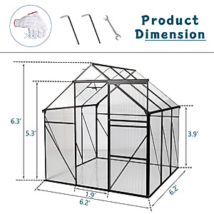 LUSPAZ 6x6ft Black Polycarbonate Greenhouse with Raised Base and Anchor Heavy Duty Aluminum Walk-in Greenhouse for Outdoor Backyard All Season Gardening Solution