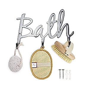 Comfify Modern Style “Bath” Wall Mount Towel Holder and Robe Hook Hand-Cast Aluminum Bathroom Hanger Decor w/ 3 Hooks for Towels, Robes, Clothing | Includes Screws and Anchors | Silver Color