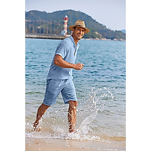 COOFANDY Men's 2 Pieces Linen Set Casual Henley Shirts Short Sleeve Beach Yoga Shorts Summer Pants Outfits